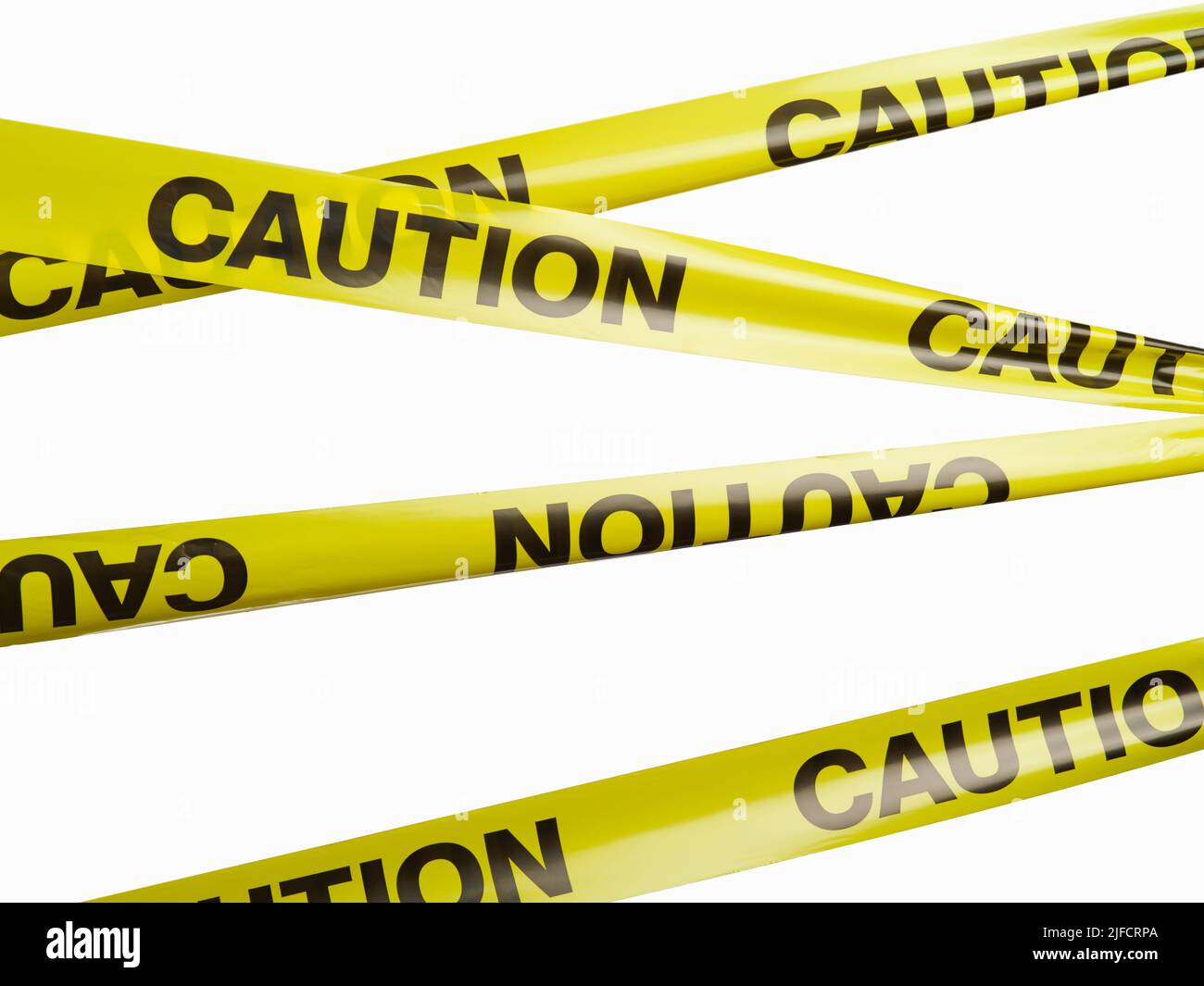 Caution-black fit on yellow plastic bands. White background ...