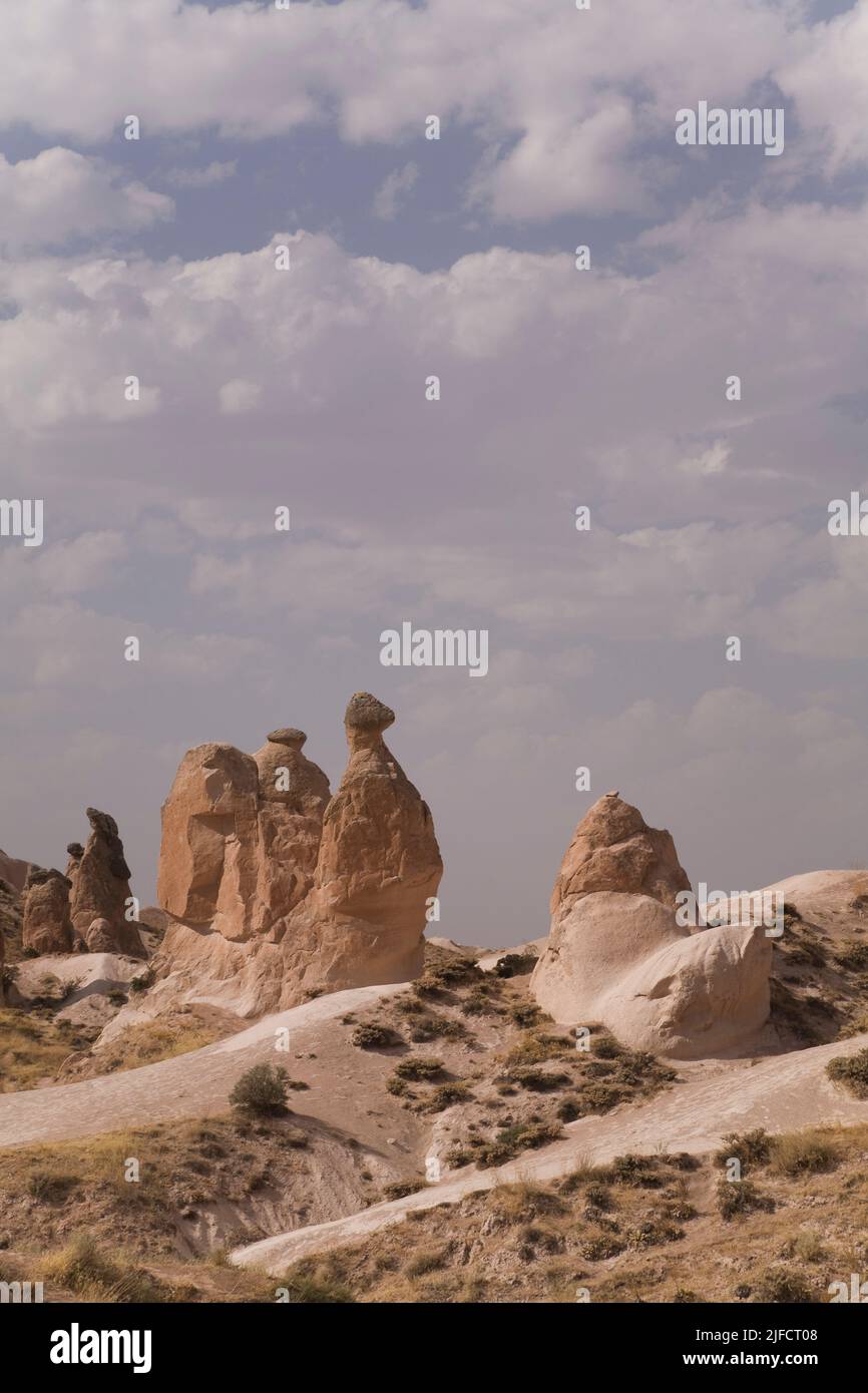 Pedestal and cone shaped eroded hardened volcanic ash rock formations ...