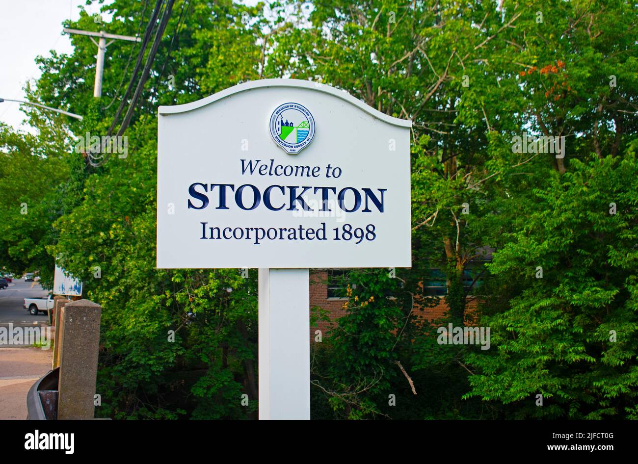 Wooden welcome sign to suburban town of Stockton, New Jersey, amid a ...