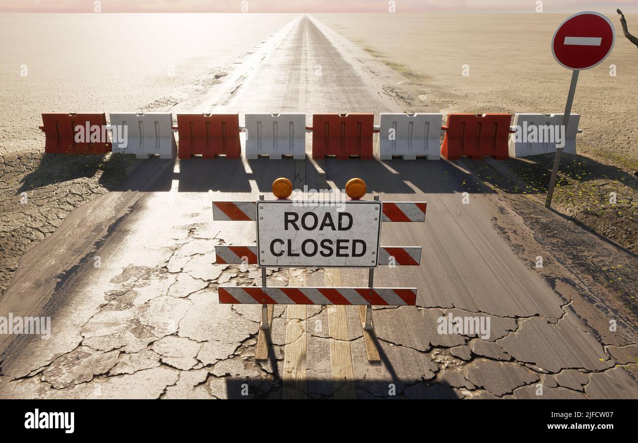 Road closed sign in a straight road in the desert to infinity, 3D ...