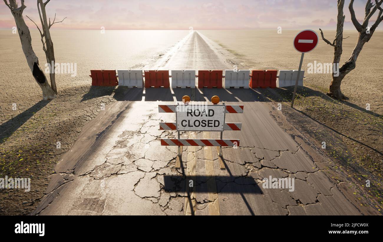 Road closed sign in a straight road in the desert to infinity, 3D ...
