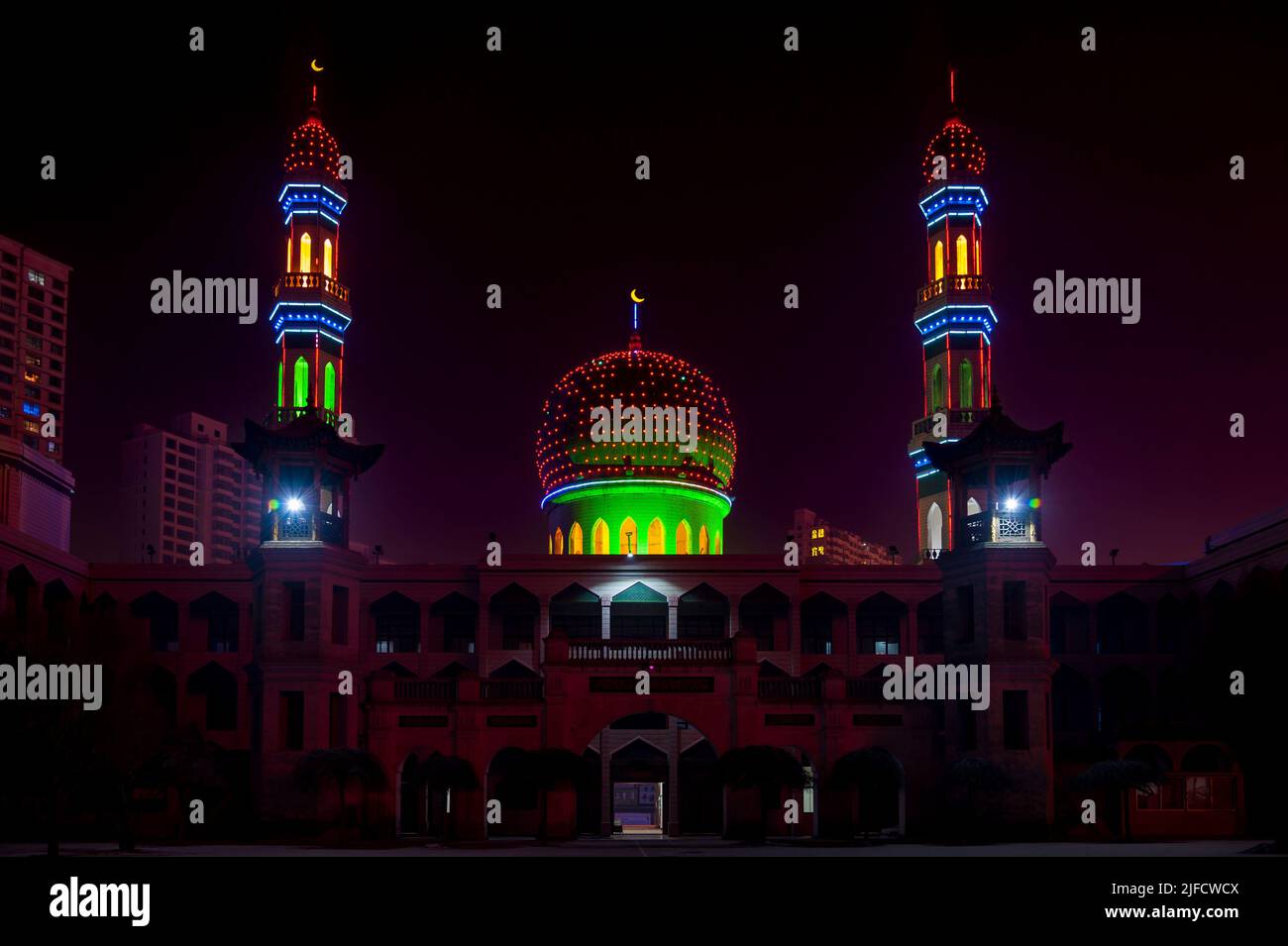 Night view of the Grand Dongguan Mosque of Xining, Qinghai, before the ...