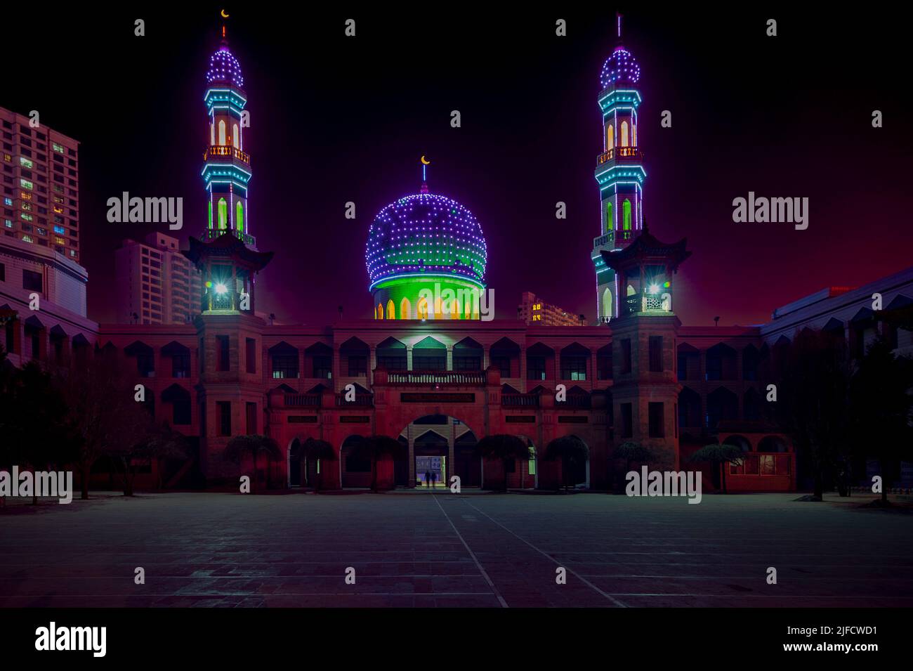 Night view of the Grand Dongguan Mosque of Xining, Qinghai, before the ...