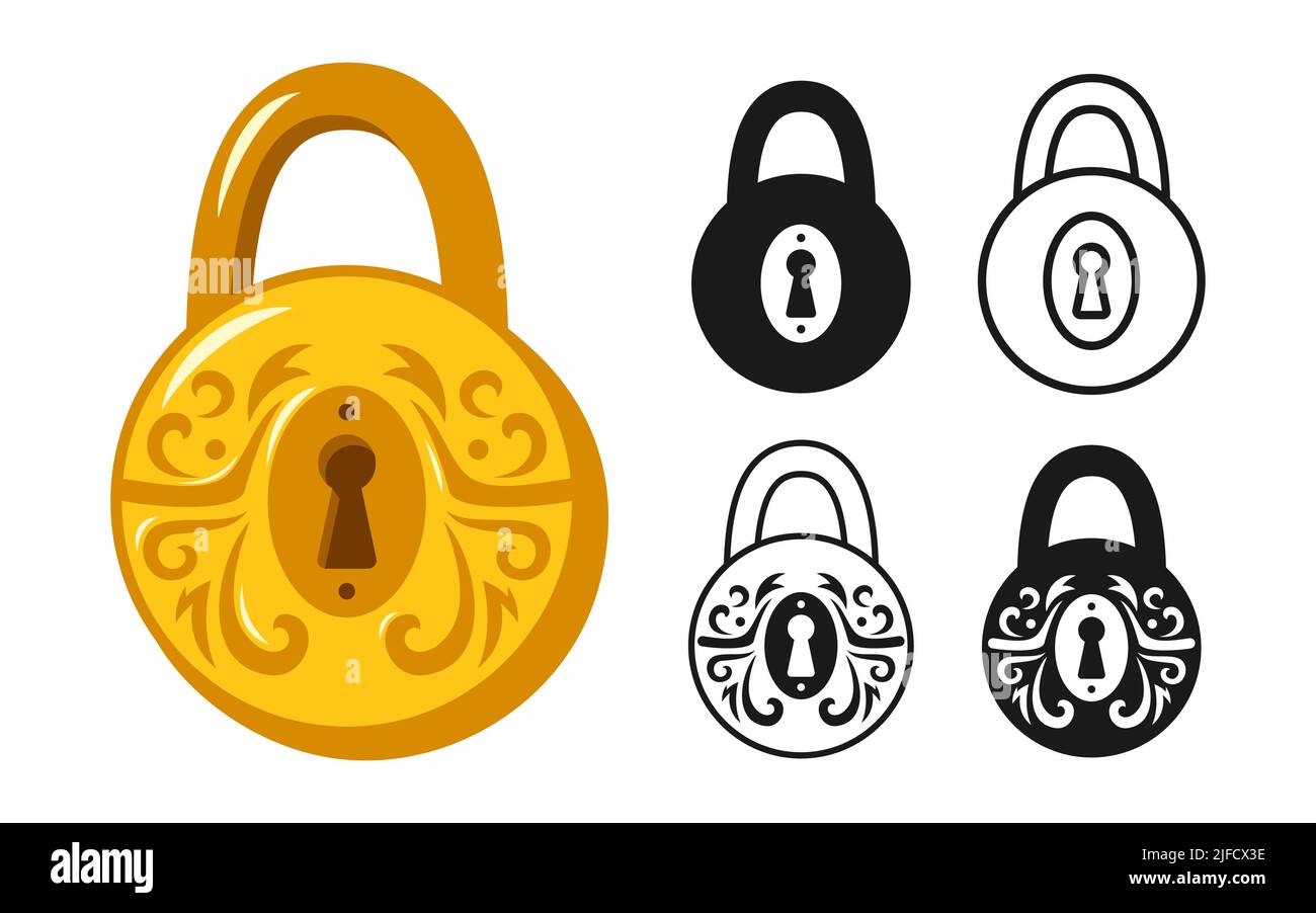 Lock round golden vintage icon set. Old padlock for safety and security ...