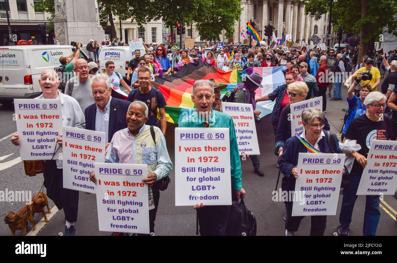 London, UK. 01st July, 2022. Campaigner Peter Tatchell (center) and ...