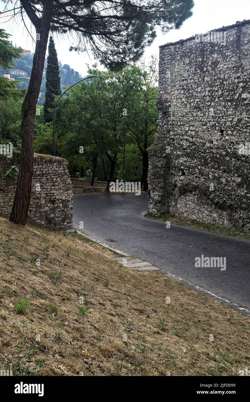 Paved road next to a stone boundary wall in the middle of a park Stock ...