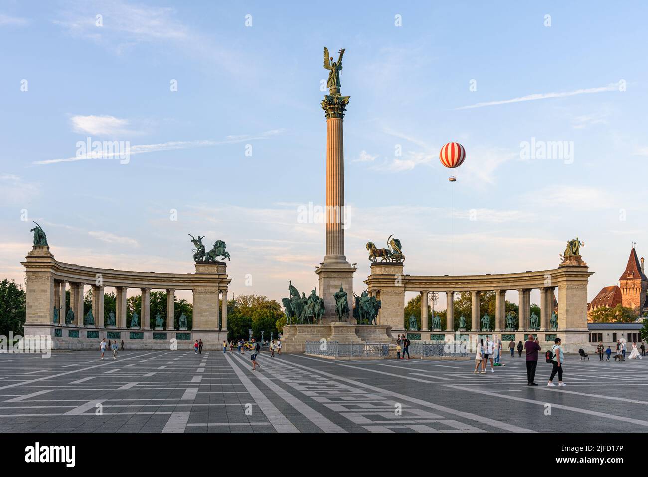 Heroes' Square in Budapest with the millennium memorial and a hot air ...