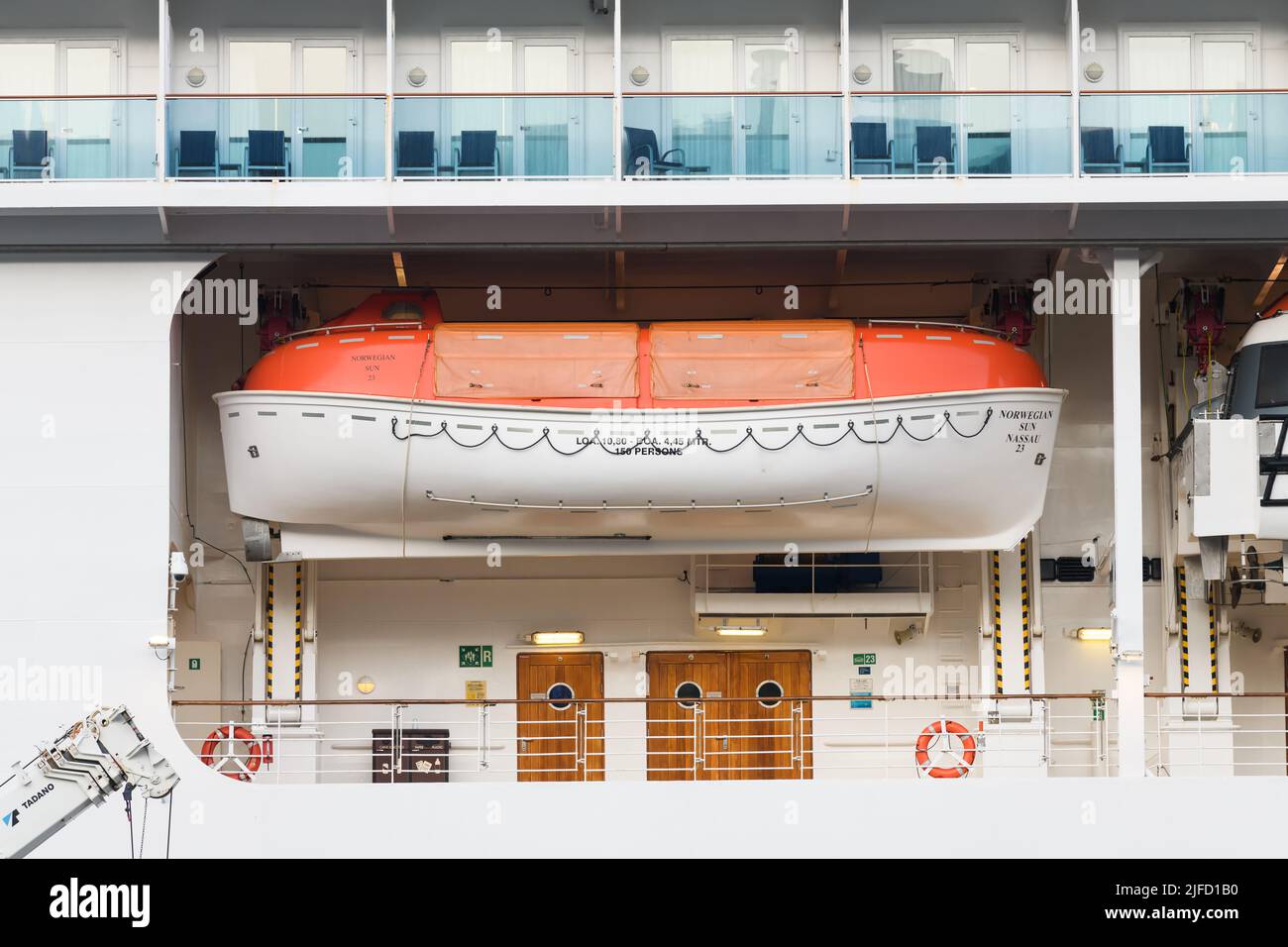 Seattle - June 30, 2022; 150 person orange and white lifeboat stored on ...