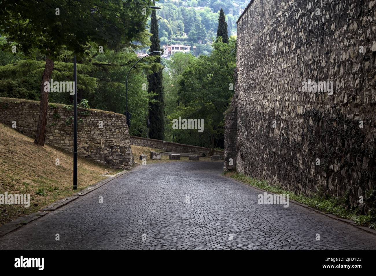 Paved road next to a stone boundary wall in the middle of a park Stock ...