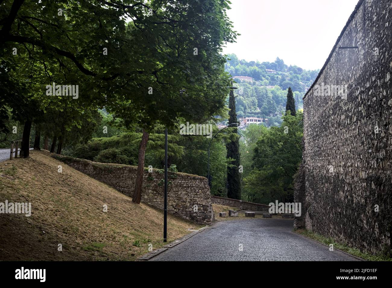 Paved road next to a stone boundary wall in the middle of a park Stock ...