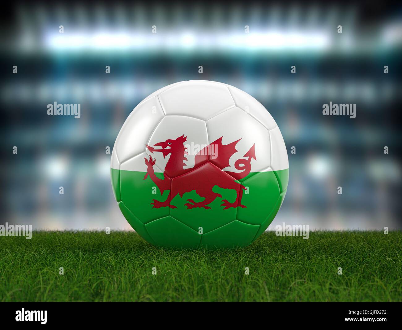 Soccer ball Wales flag on a soccer pitch. 3d illustration Stock Photo ...