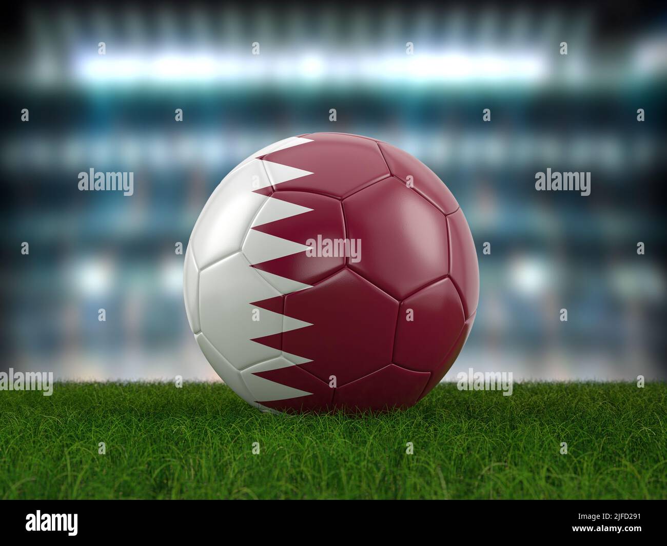 Soccer ball Qatar flag on a soccer pitch. 3d illustration Stock Photo ...