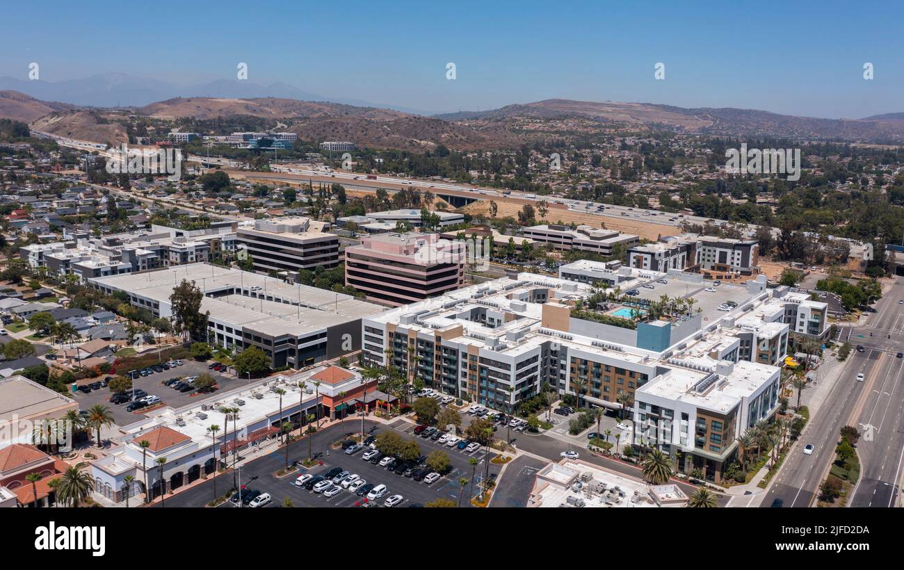 Day time aerial view of the downtown skyline of Brea, California, USA ...