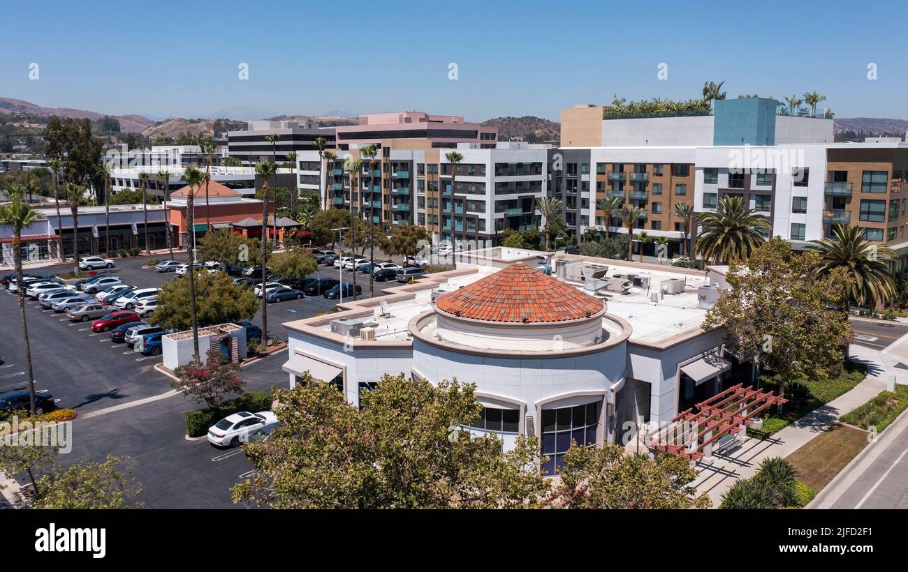 Day time aerial view of the downtown skyline of Brea, California, USA ...