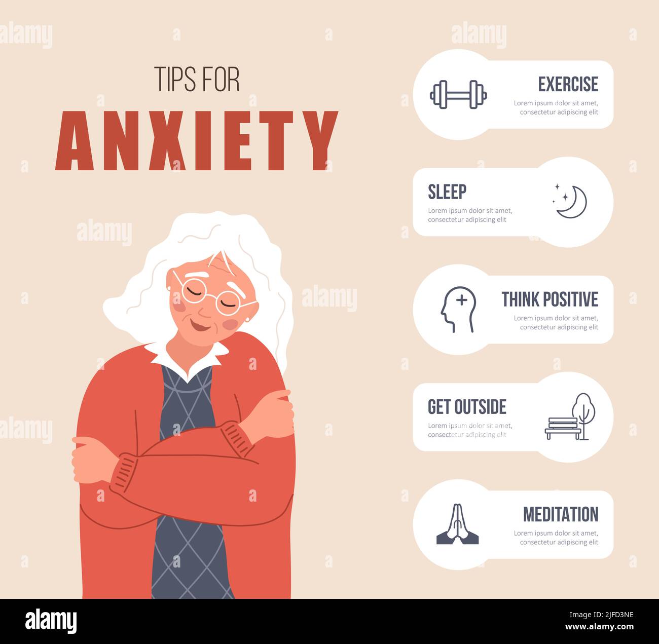 Tips for anxiety. Happy elderly woman hugging herself. Mental health ...