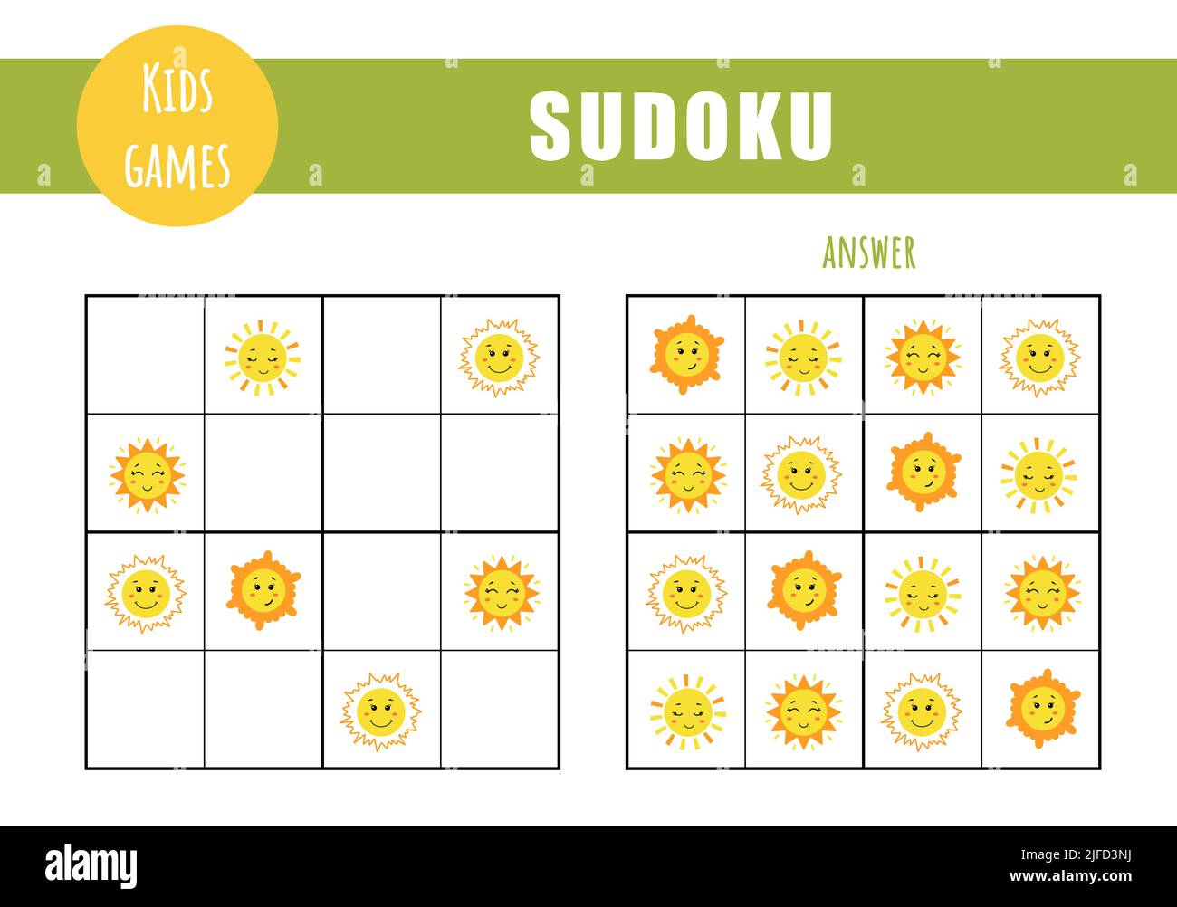 Sudoku for kids. Children activity sheet. Puzzle game with cute suns ...