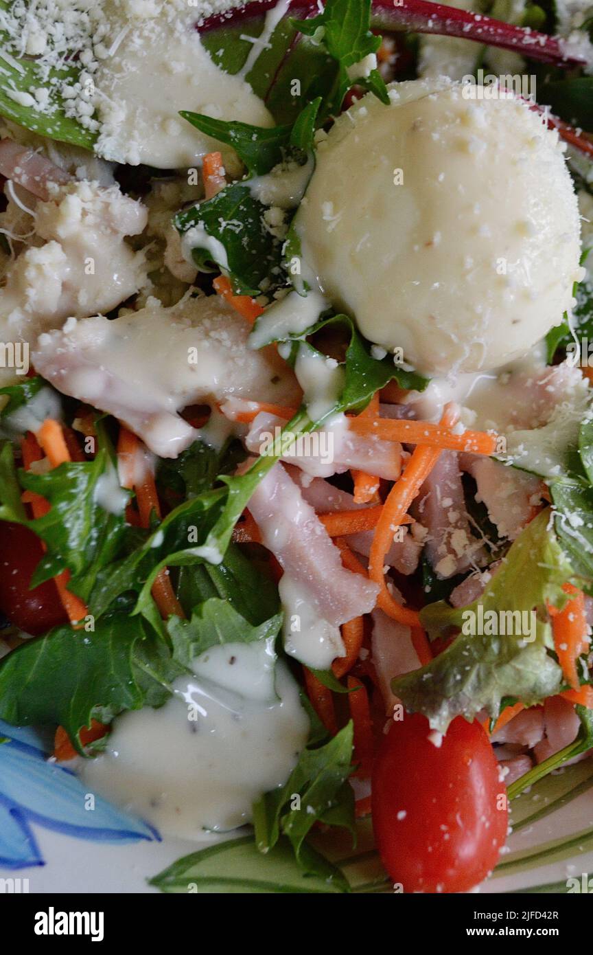 A cobb style salad with chicken, ham and egg sprinkled with creamy ...
