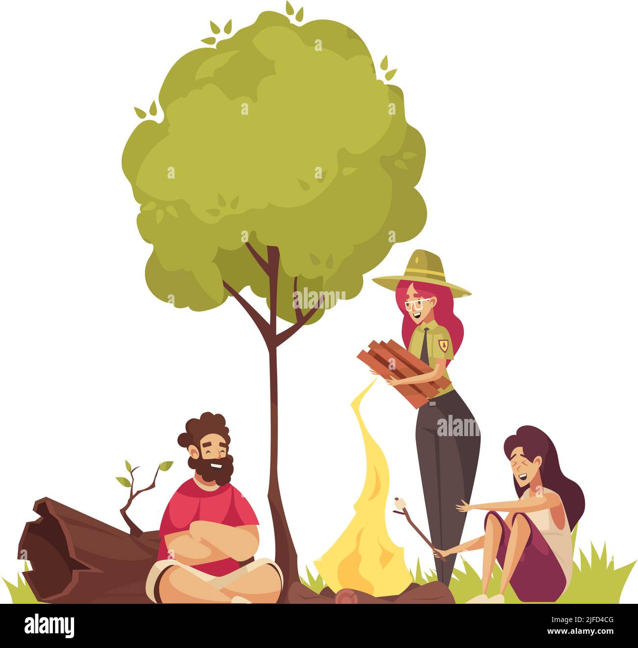 Forest ranger cartoon composition with people making fire vector ...