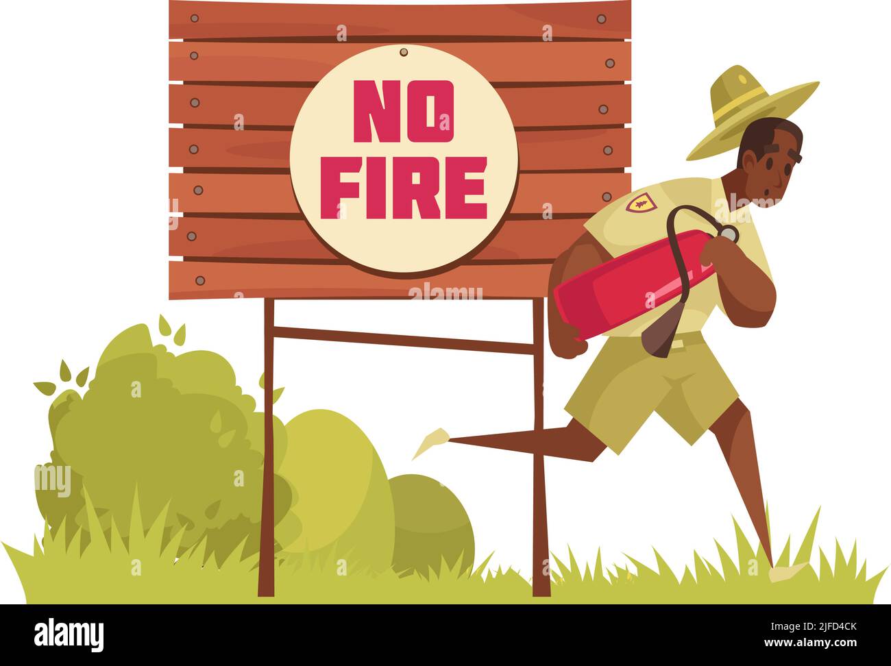 Cartoon composition with male forest ranger running to extinguish fire ...