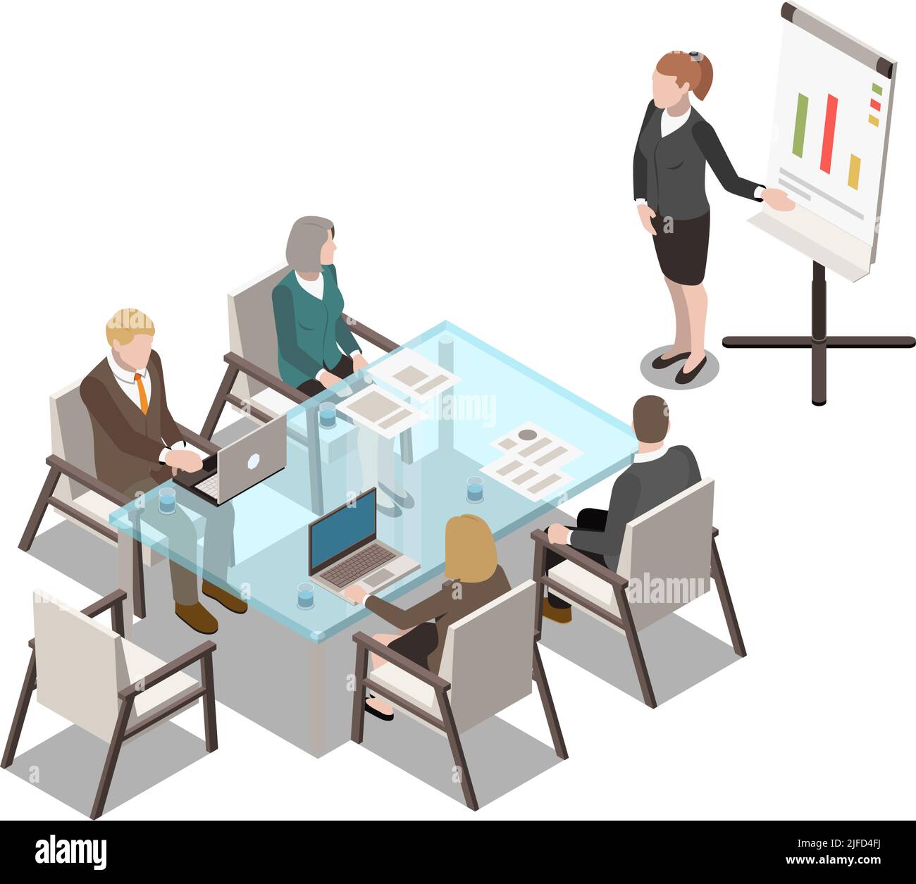 Meeting room interior isometric icon with glass table white board and ...