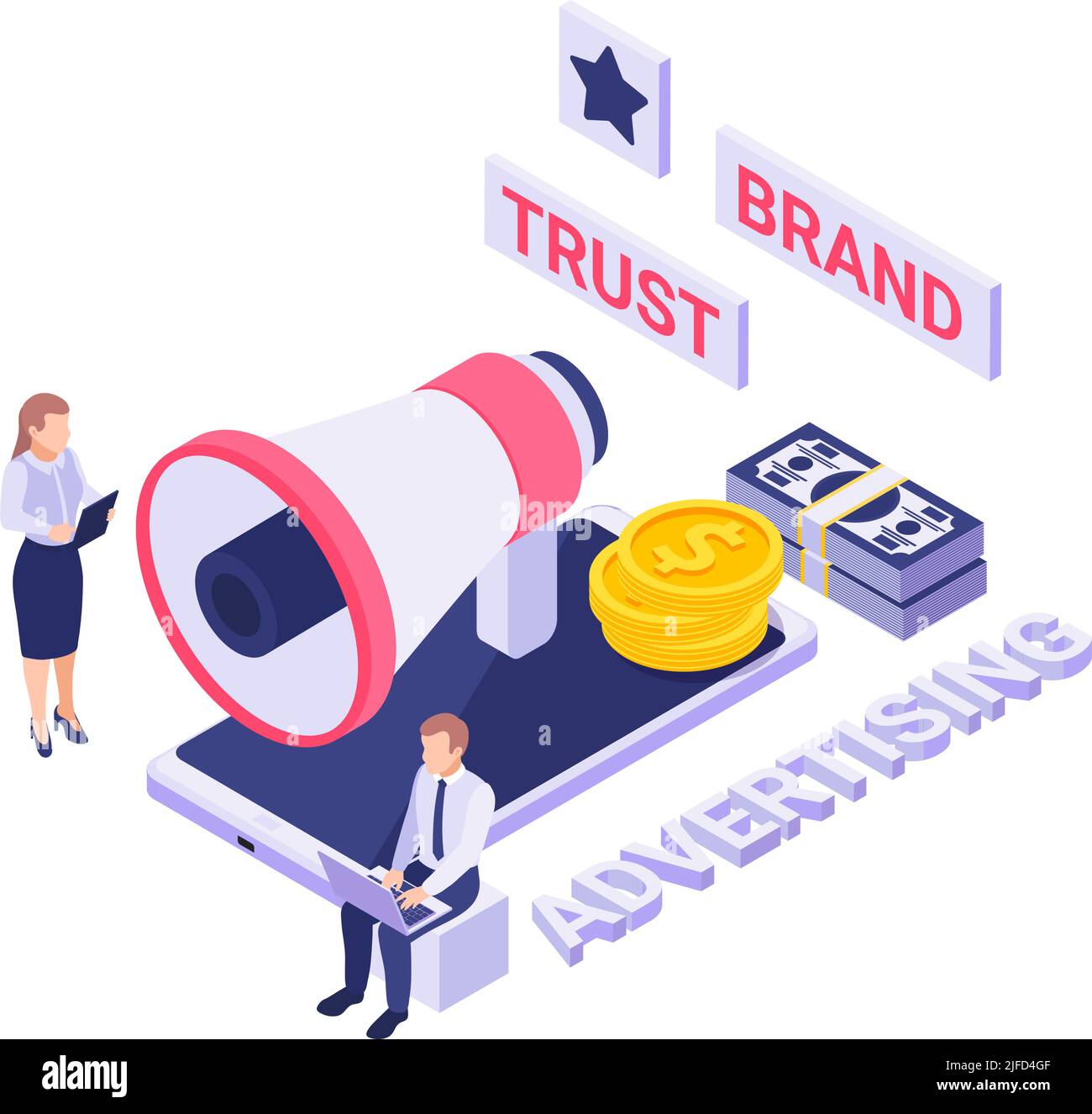 Brand trust advertising isometric concept with 3d smartphone money ...