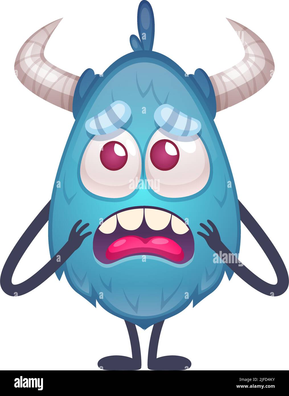 Upset blue cartoon monster character with horns and thin arms and legs ...