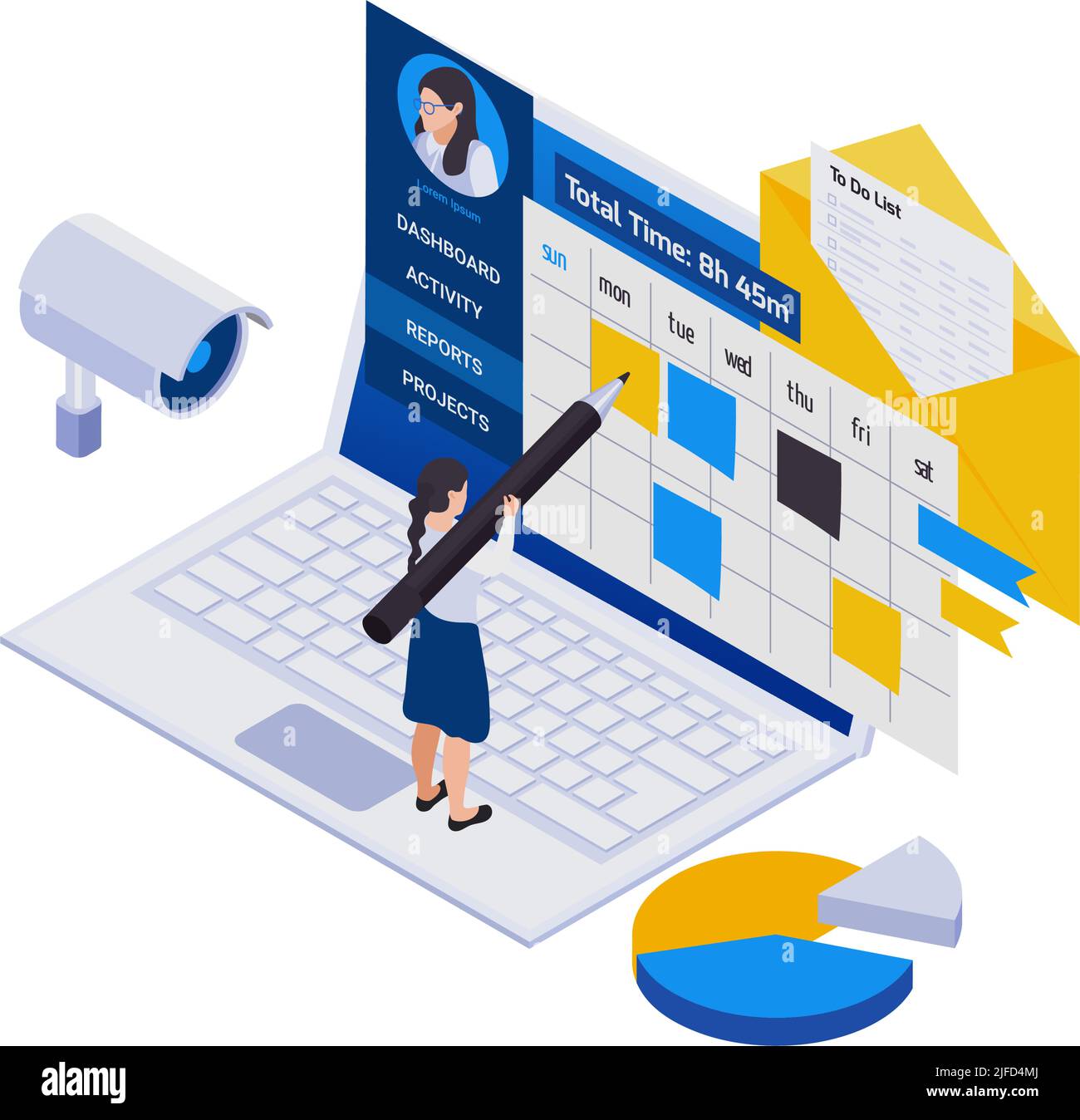 Remote management distant work isometric icons composition with laptop ...