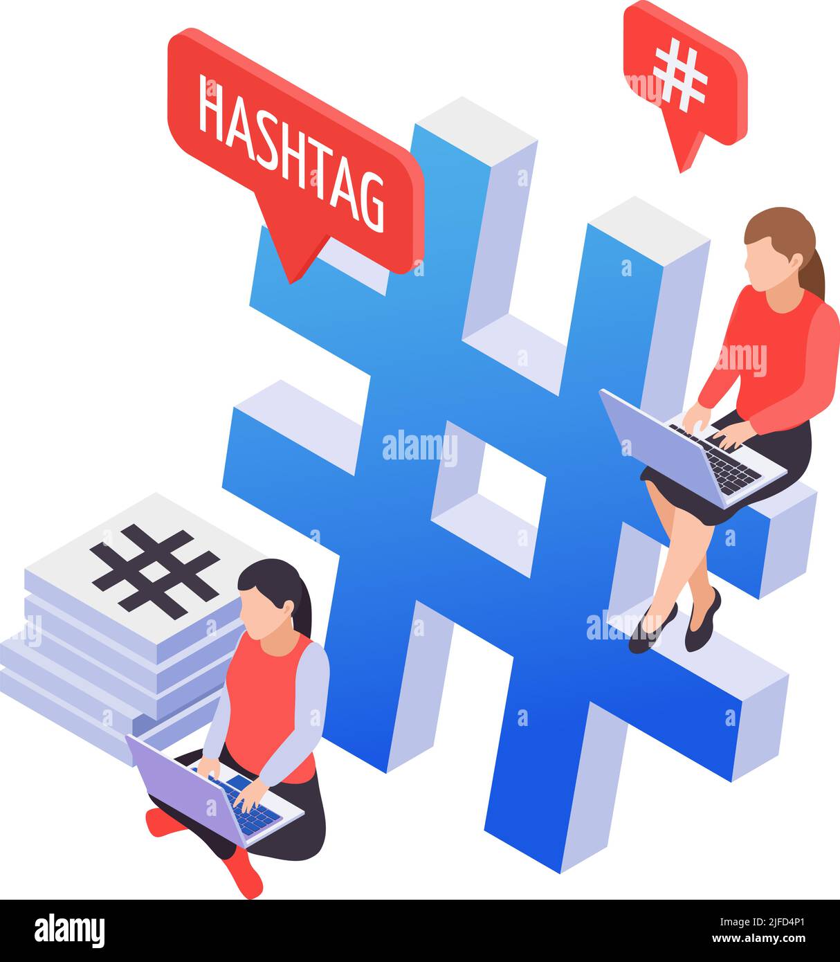 Social media hashtag isometric icon with two characters and laptops ...