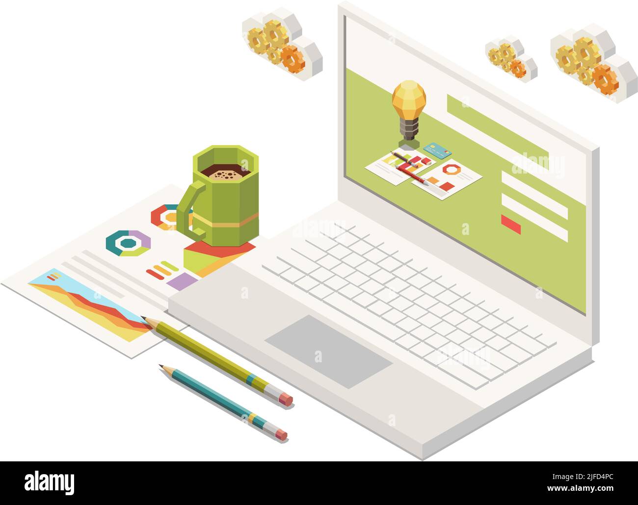 Marketing strategy research isometric concept icon with 3d laptop and ...