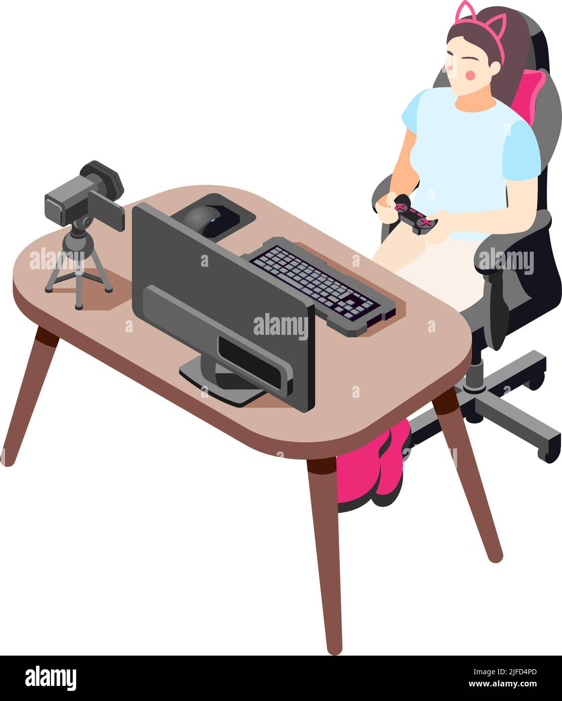 Isometric icon with female gamer vlogger making video and playing ...