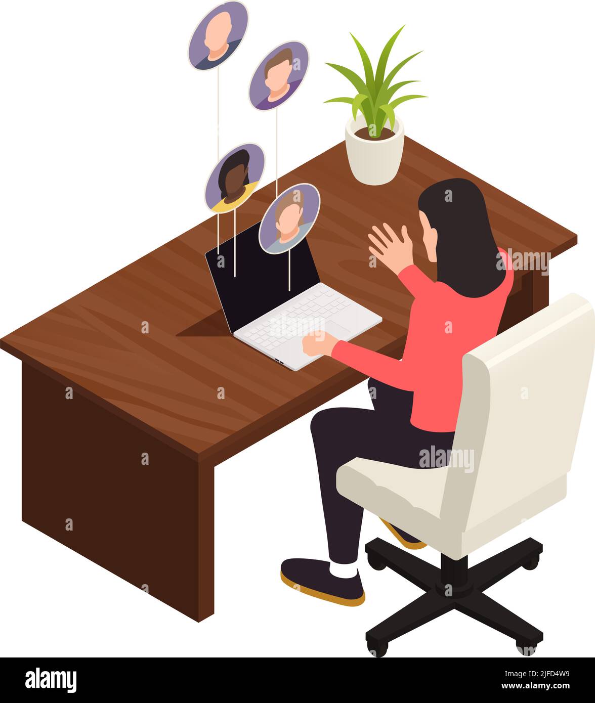 Online virtual team building isometric composition with female worker ...