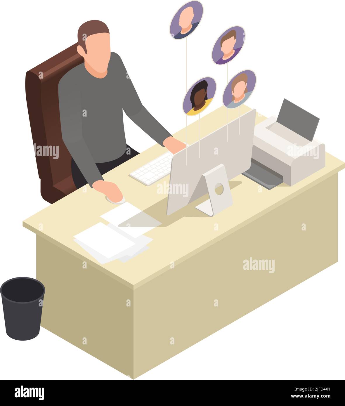 Online virtual team building isometric composition with character of ...