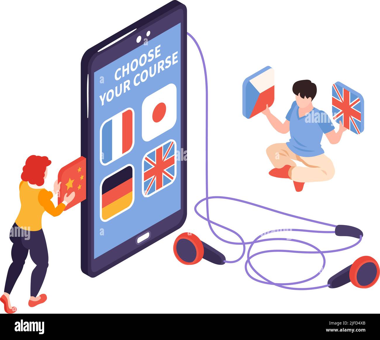 Isometric language center courses composition with people holding ...