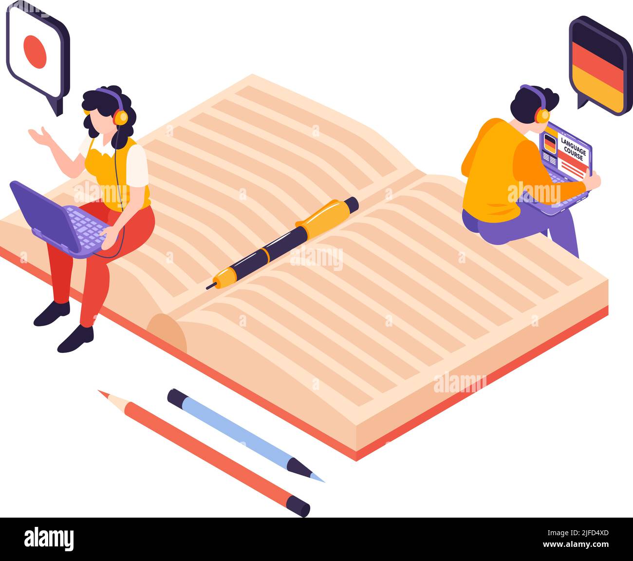 Isometric language center courses composition with notebook icon and ...