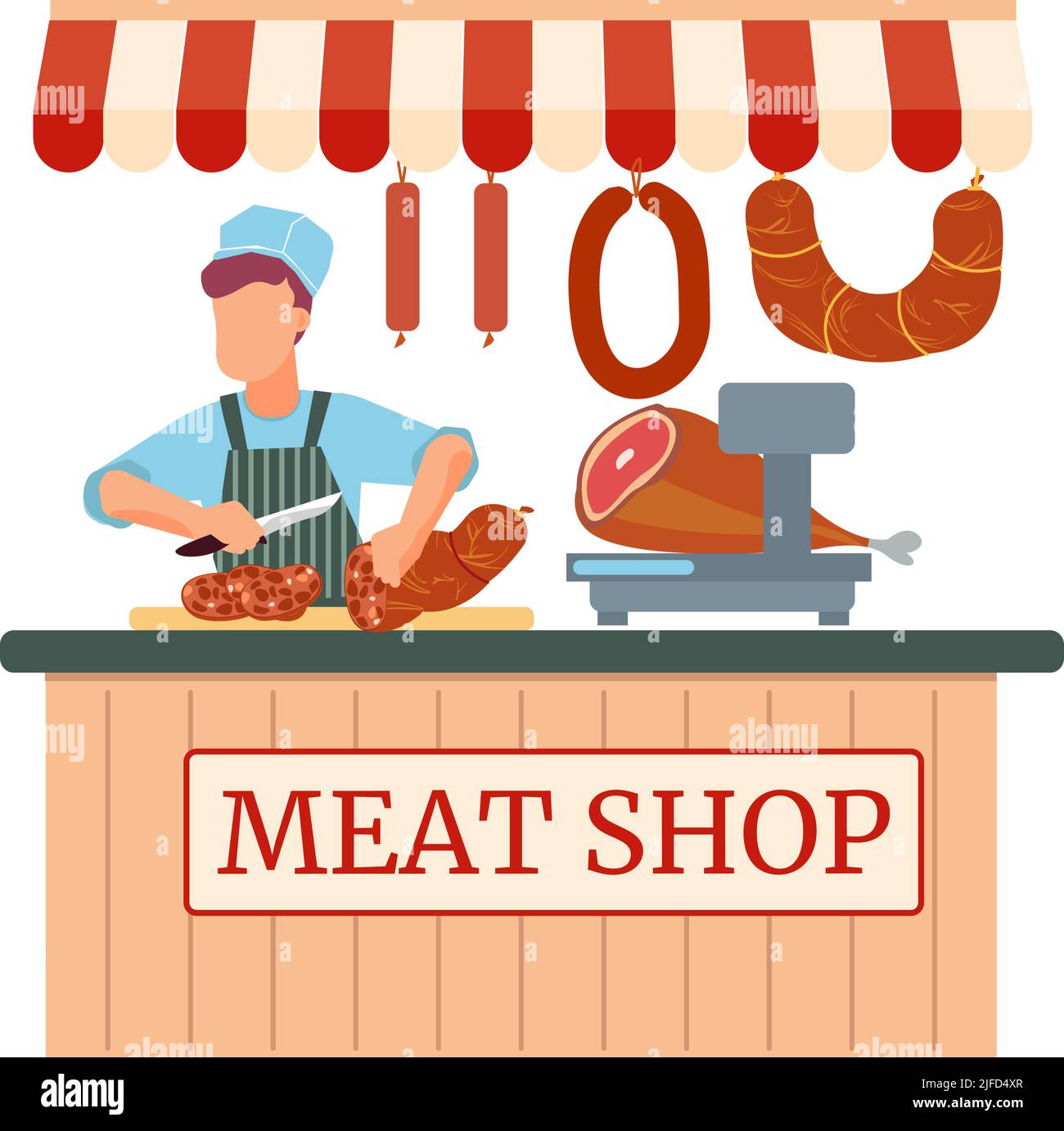 Flat shop with butcher and meat products vector illustration Stock ...
