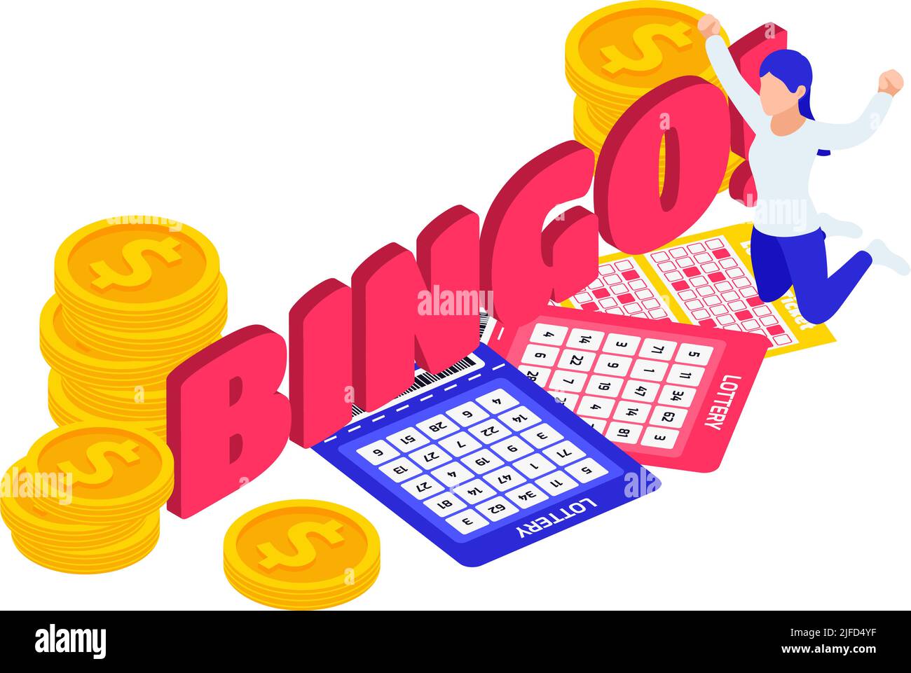 Bingo lottery colorful isometric composition with tickets coins happy ...