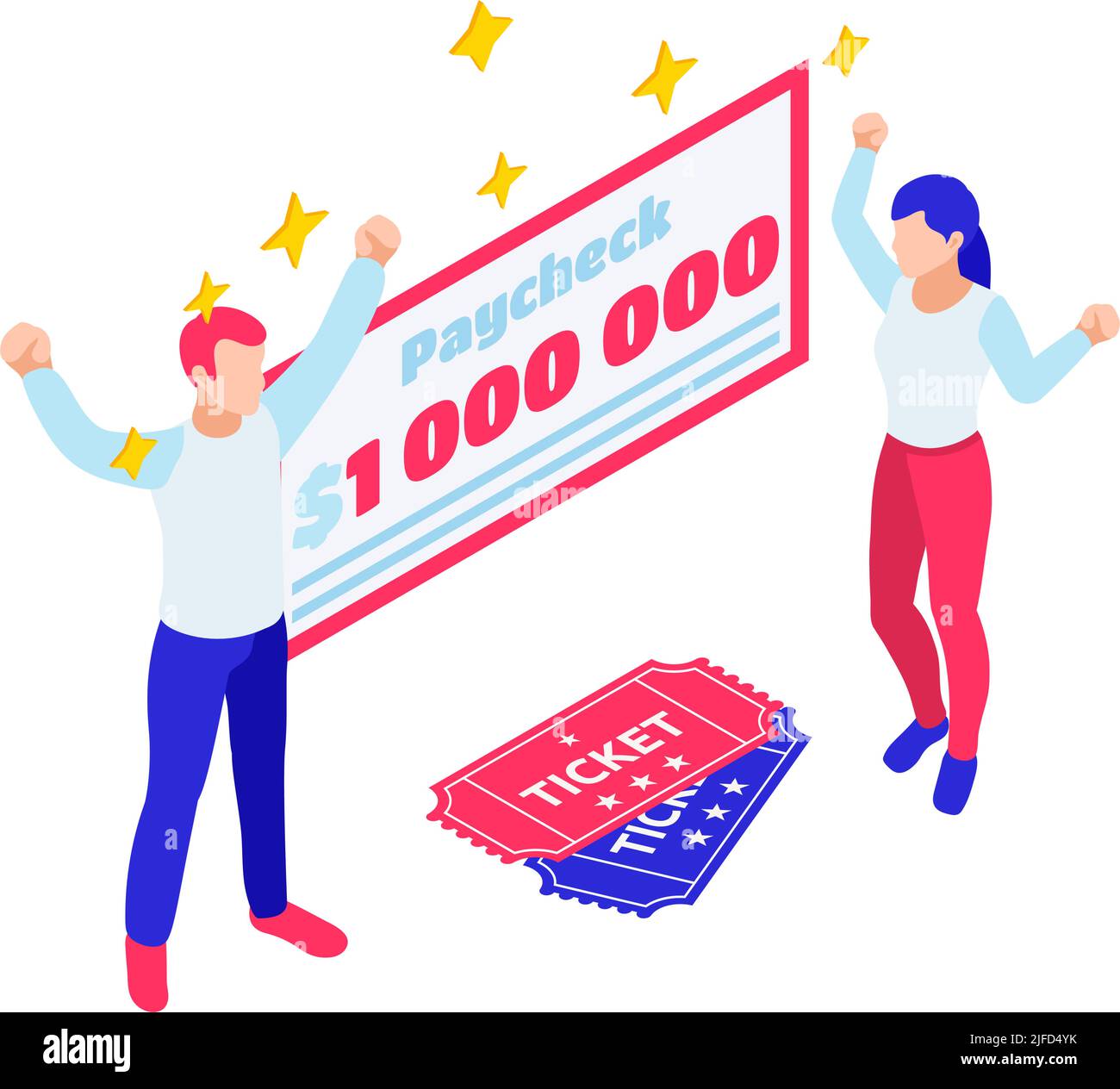 Isometric composition with lottery winners paycheck and tickets on ...