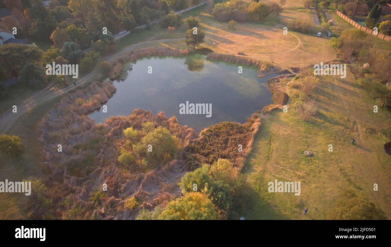 A high-angle shot of a pond in warm lights of sunset Stock Photo - Alamy