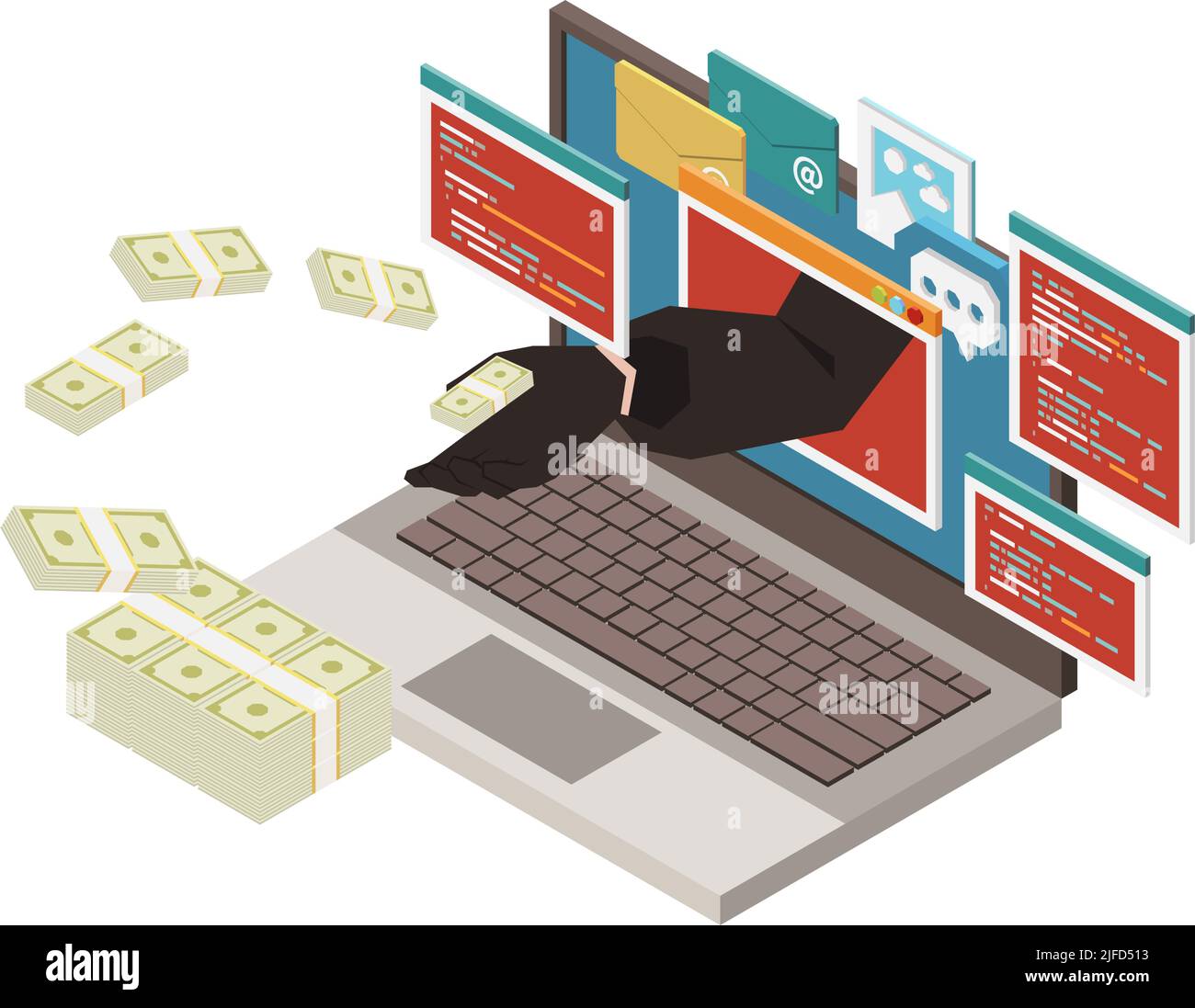 Phishing isometric concept with hacker stealing money credit card ...