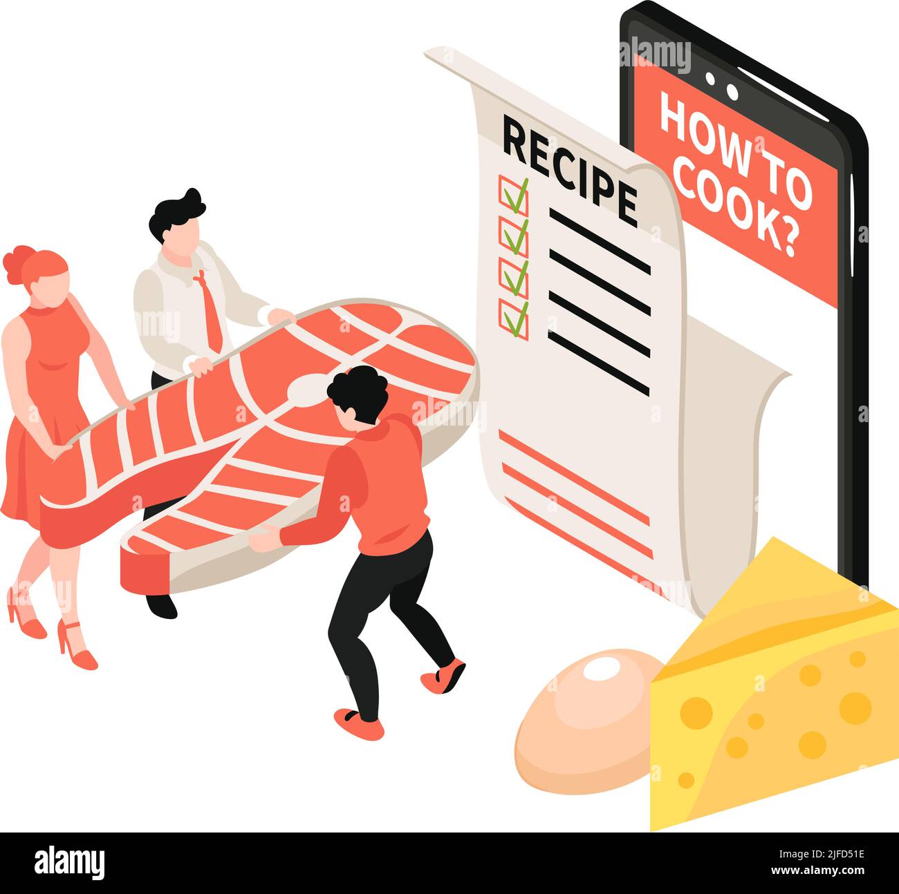 Isometric cooking school composition with smartphone recipe ingredients ...