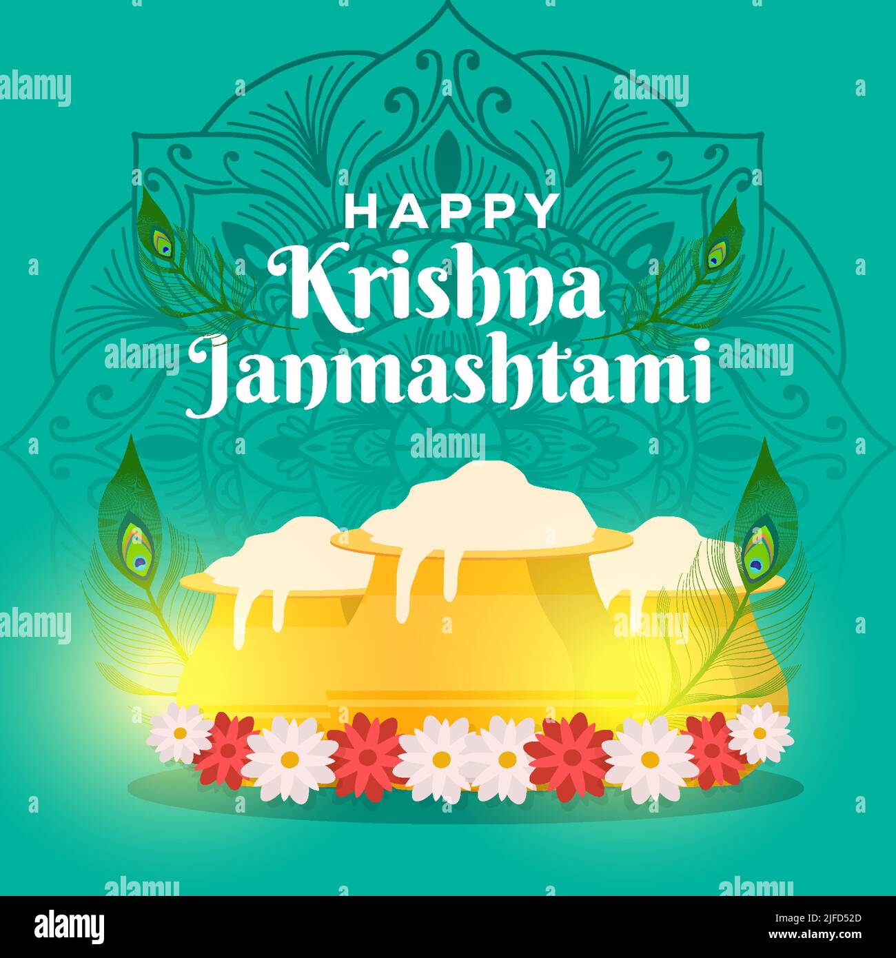 happy krishna janmashtami with matki dahi, peacock feather, and flowers ...