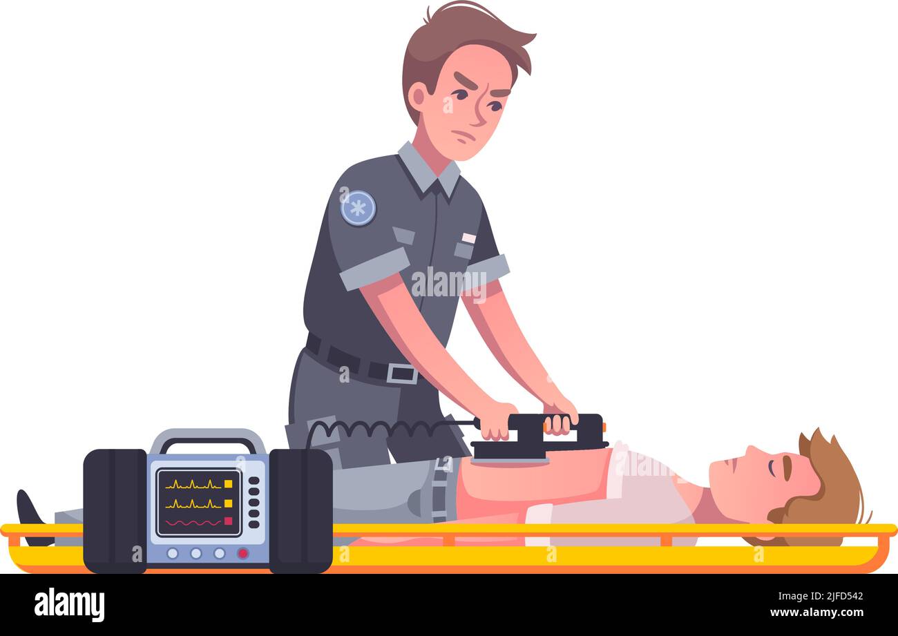 Emergency cartoon icon with male paramedic using defibrillator vector ...