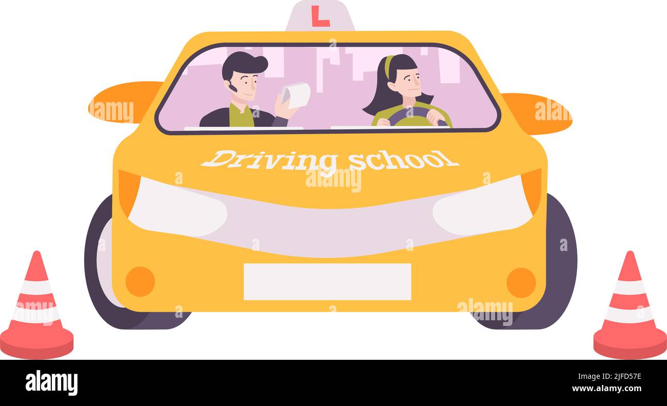 Driving school flat composition with confused woman driver and ...