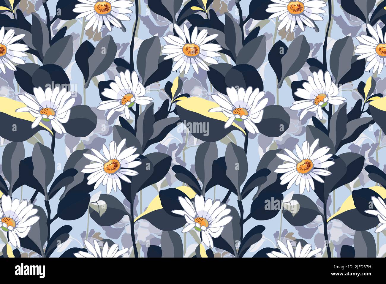 Vector floral seamless pattern. Daisies with leaves of navy blue color ...