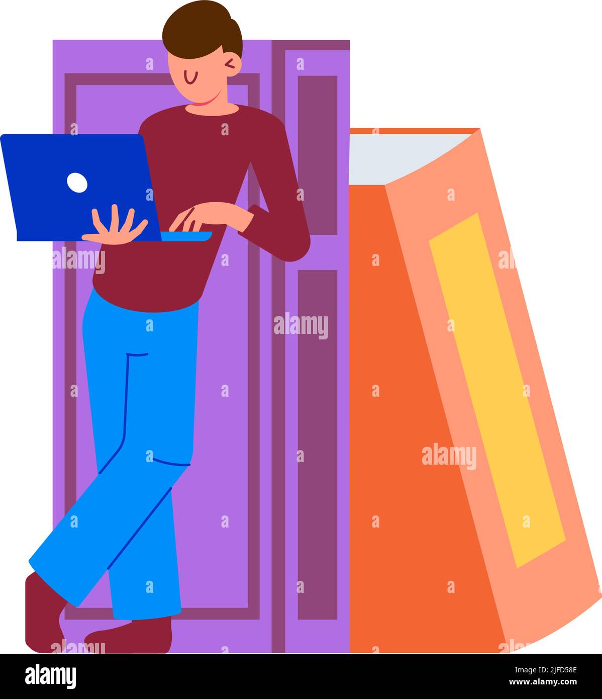 Online education flat icon with character laptop and books vector ...
