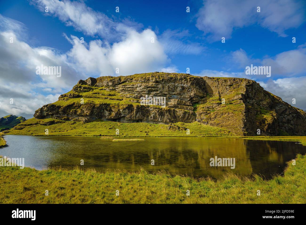 a low-angle shot of a cliff covered with greenery with its reflection ...