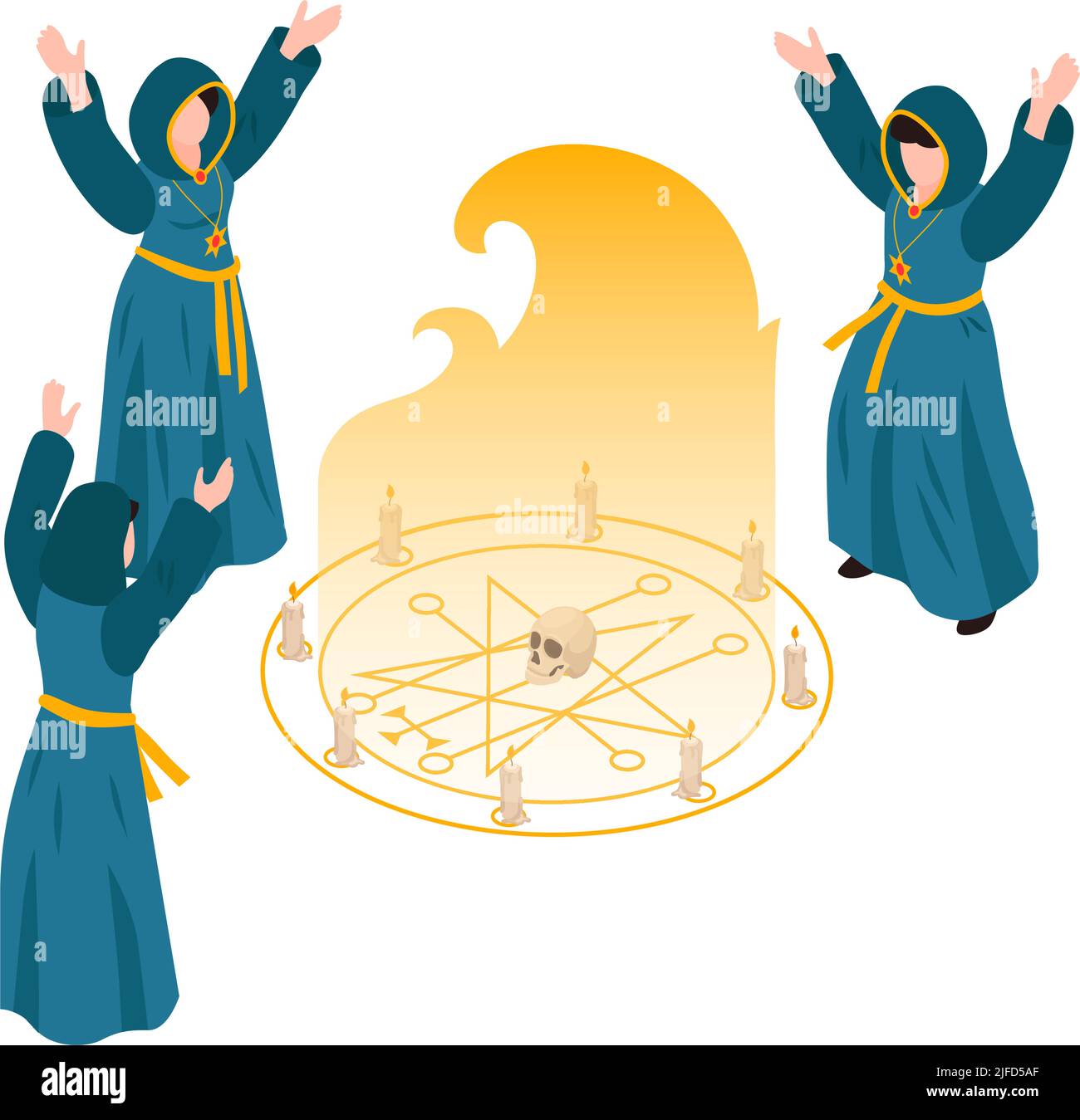 Isometric occult session composition with occultists standing round ...
