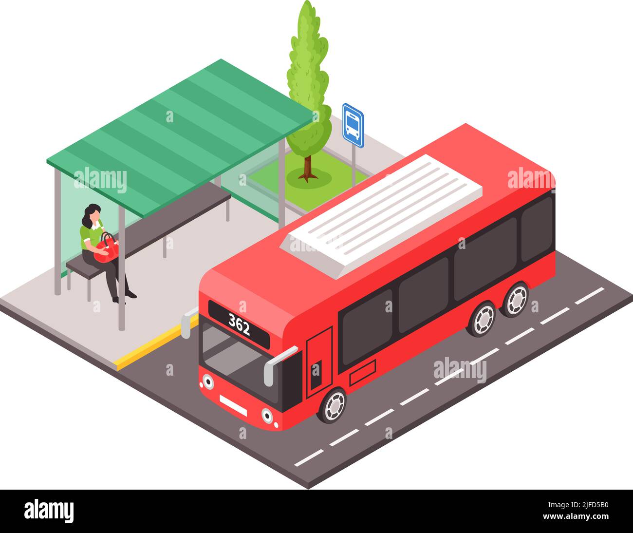 Isometric icon with public transport and woman sitting at bus stop 3d ...