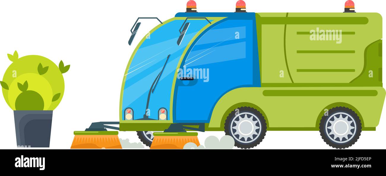 Flat icon of vehicle cleaning streets with brushes on white background ...