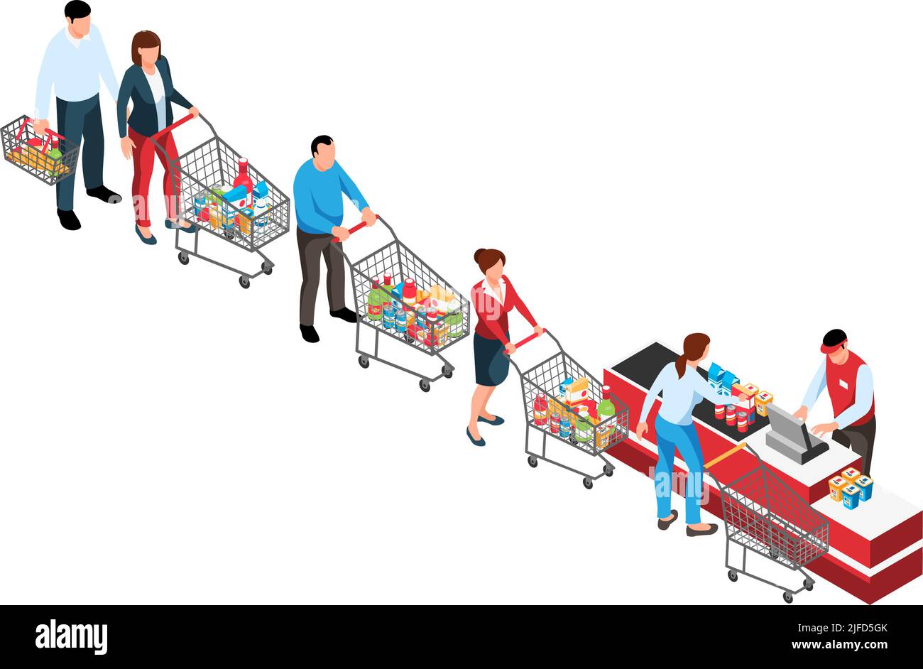Isometric queue composition with supermarket visitors trolley carts and ...